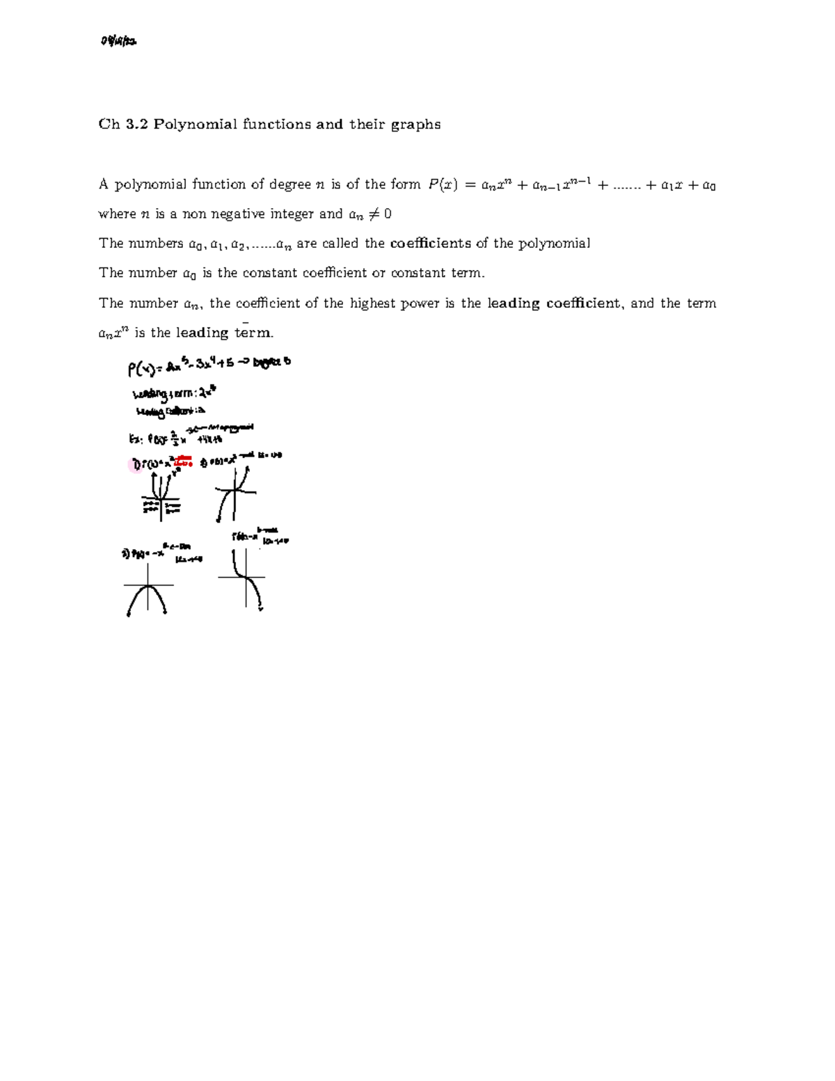 Ch3 Lecture Notes Ch 3 Polynomial Functions And Their Graphs A Polynomial Function Of