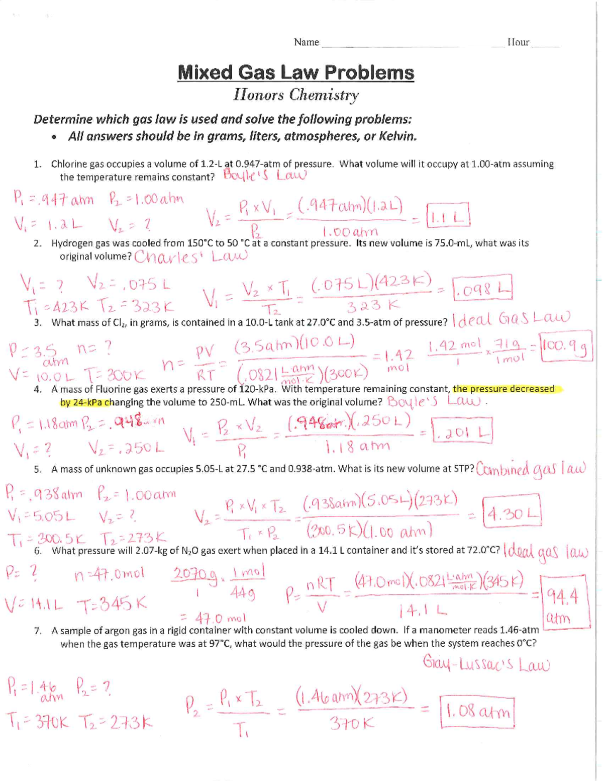 Mixed review 2 - Name Hour Mixed Gas Law Problems Honors Chemistry ...
