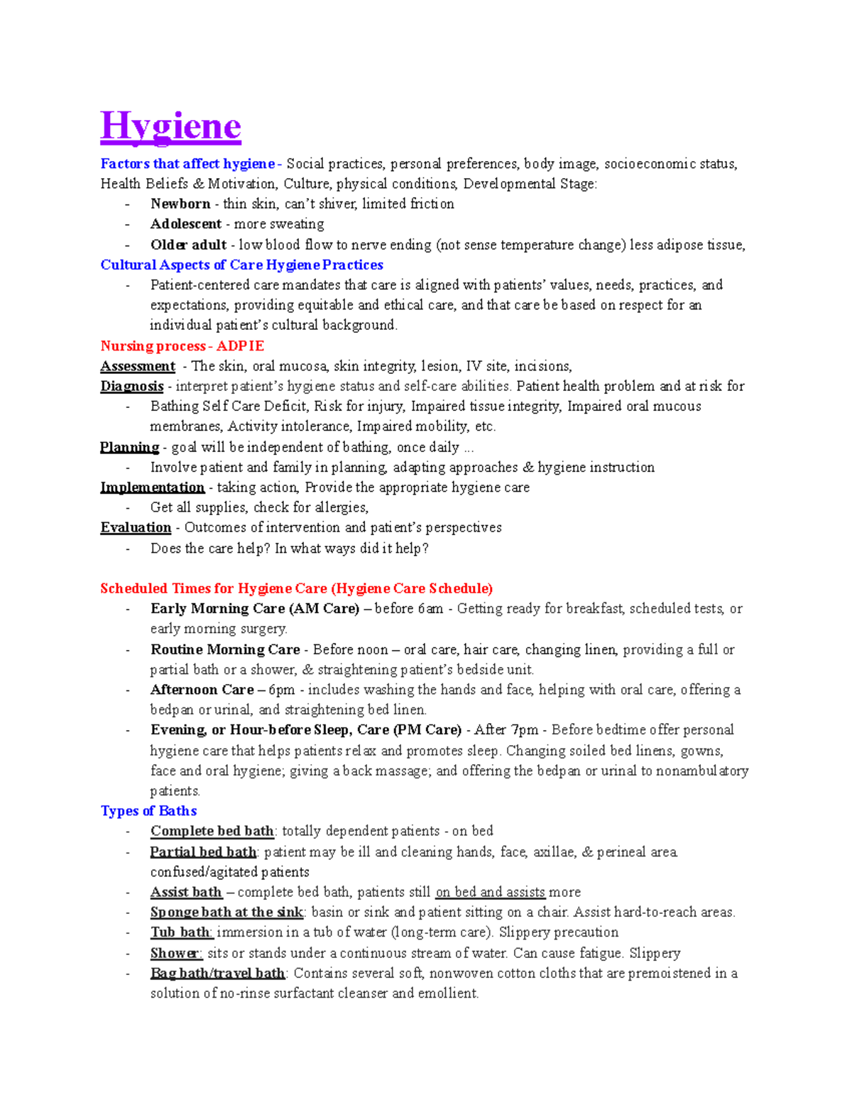 N226 - Hygiene - class note - Hygiene Factors that affect hygiene ...