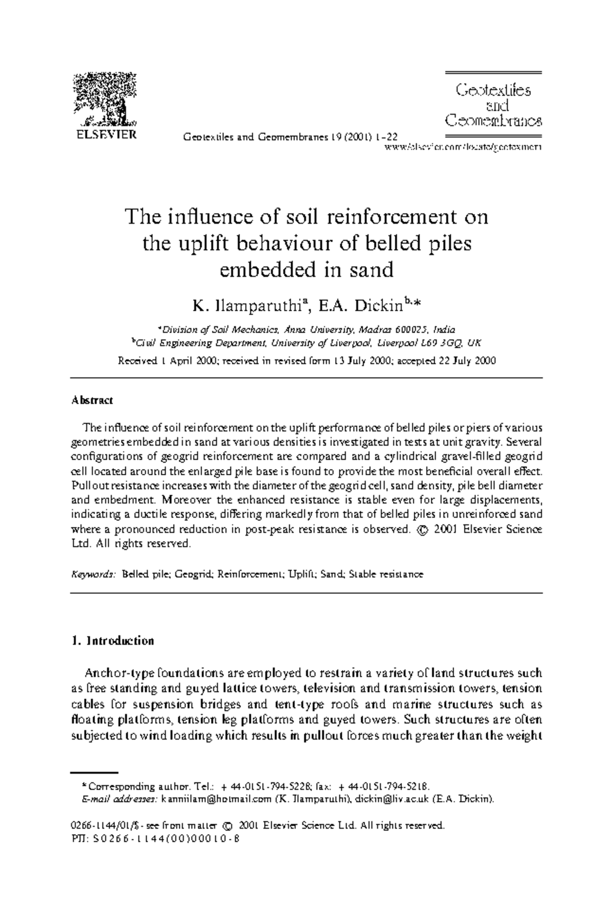 1 The influence of soil reinforcement on the uplift behaviour of belled ...