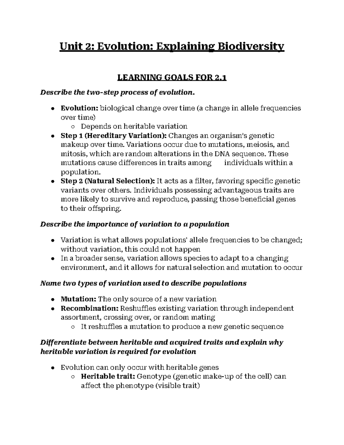 EXAM 2 Study Guide - Unit 2: Evolution: Explaining Biodiversity ...