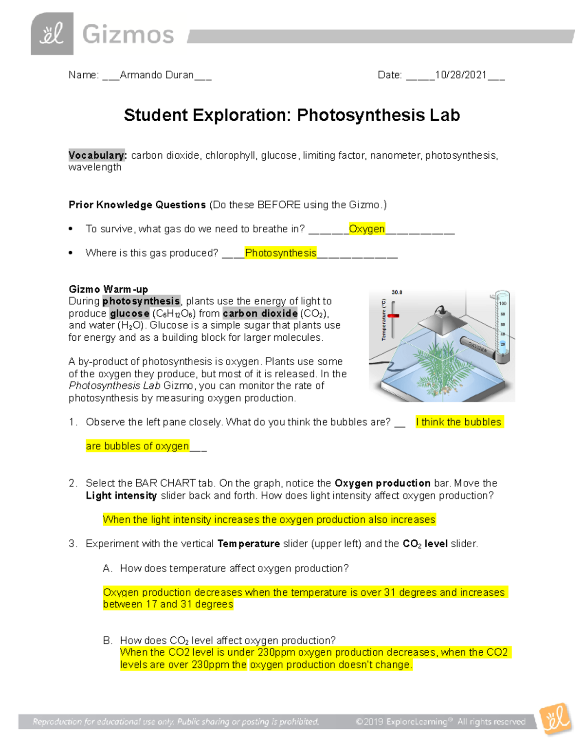 Student Exploration Photosynthesis Lab 7 Page - Name: Armando Duran ...