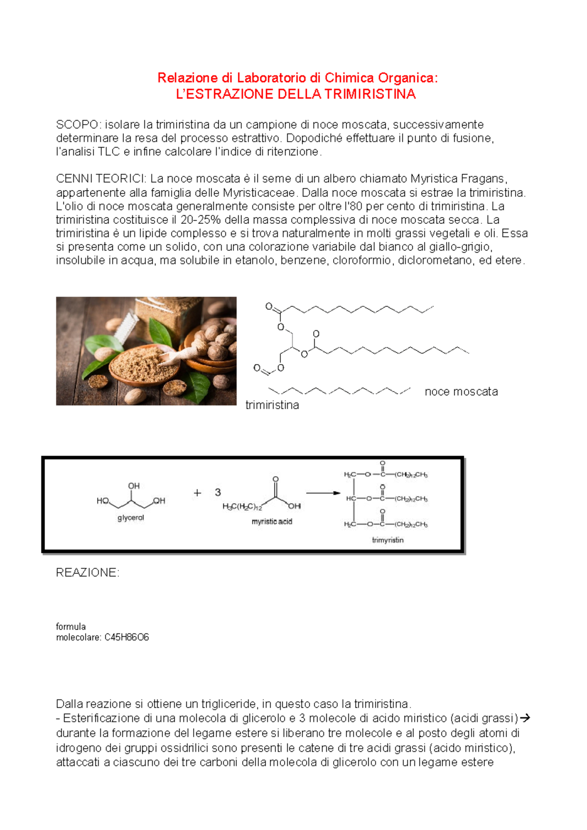 estrazione trimiristina - Relazione di Laboratorio di Chimica Organica ...