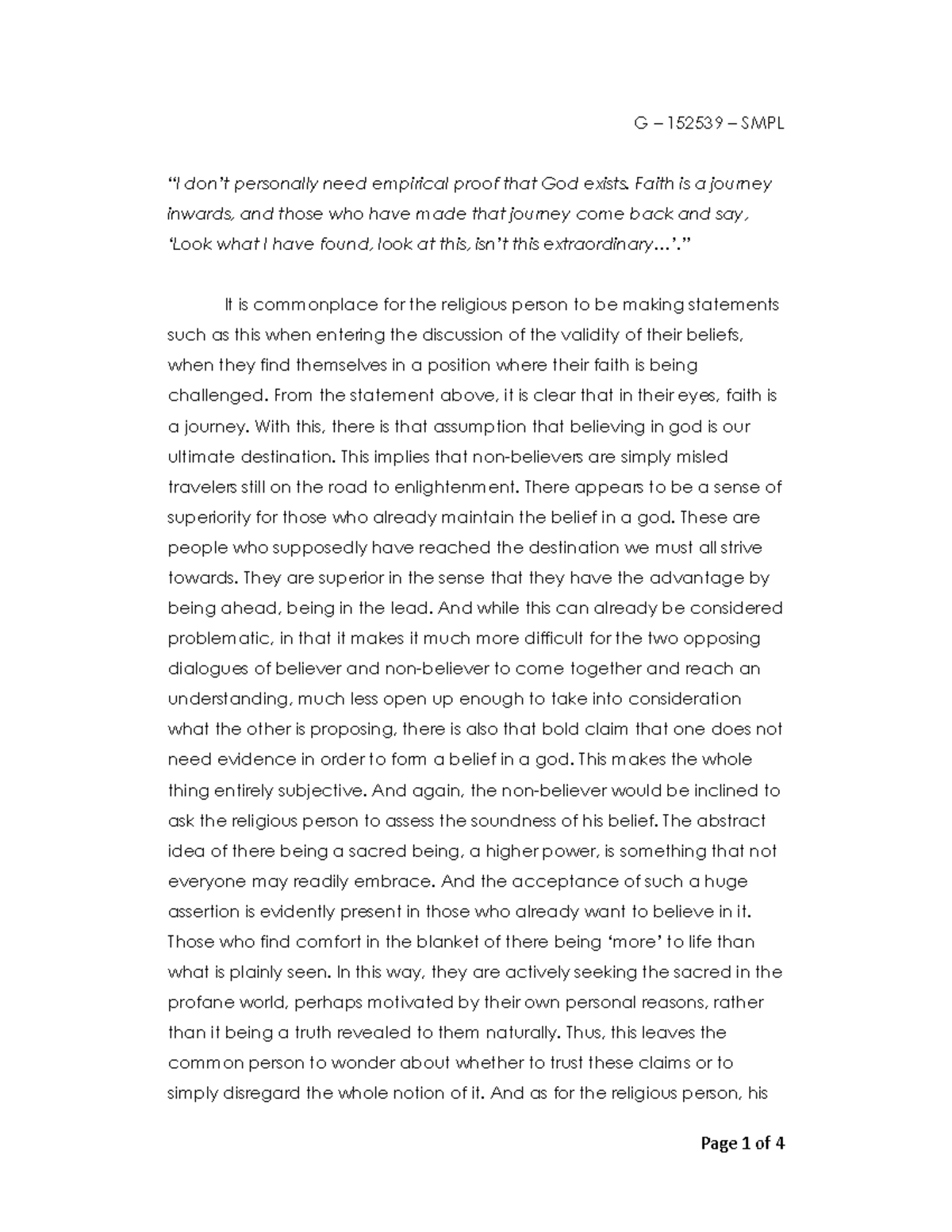 Philo Midterm Paper - Grade: B+ - G – 152539 – SMPL “I don’t personally ...