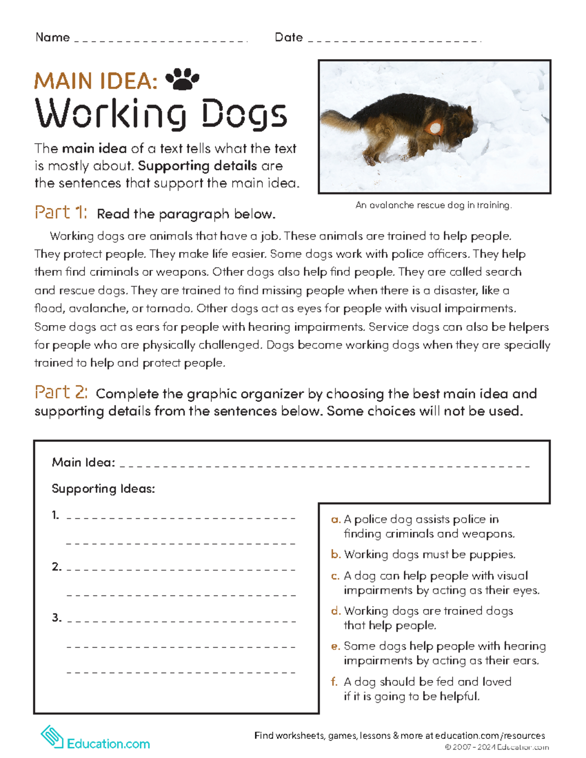 Main idea working dogs - Worksheet to help students practice ...