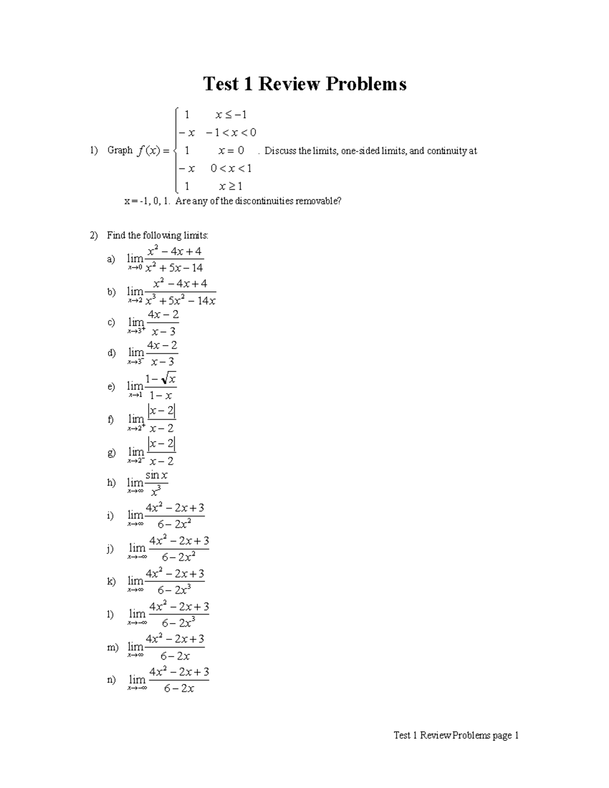 Test+1+review+problems - Test 1 Review Problems page 1 Test 1 Review ...