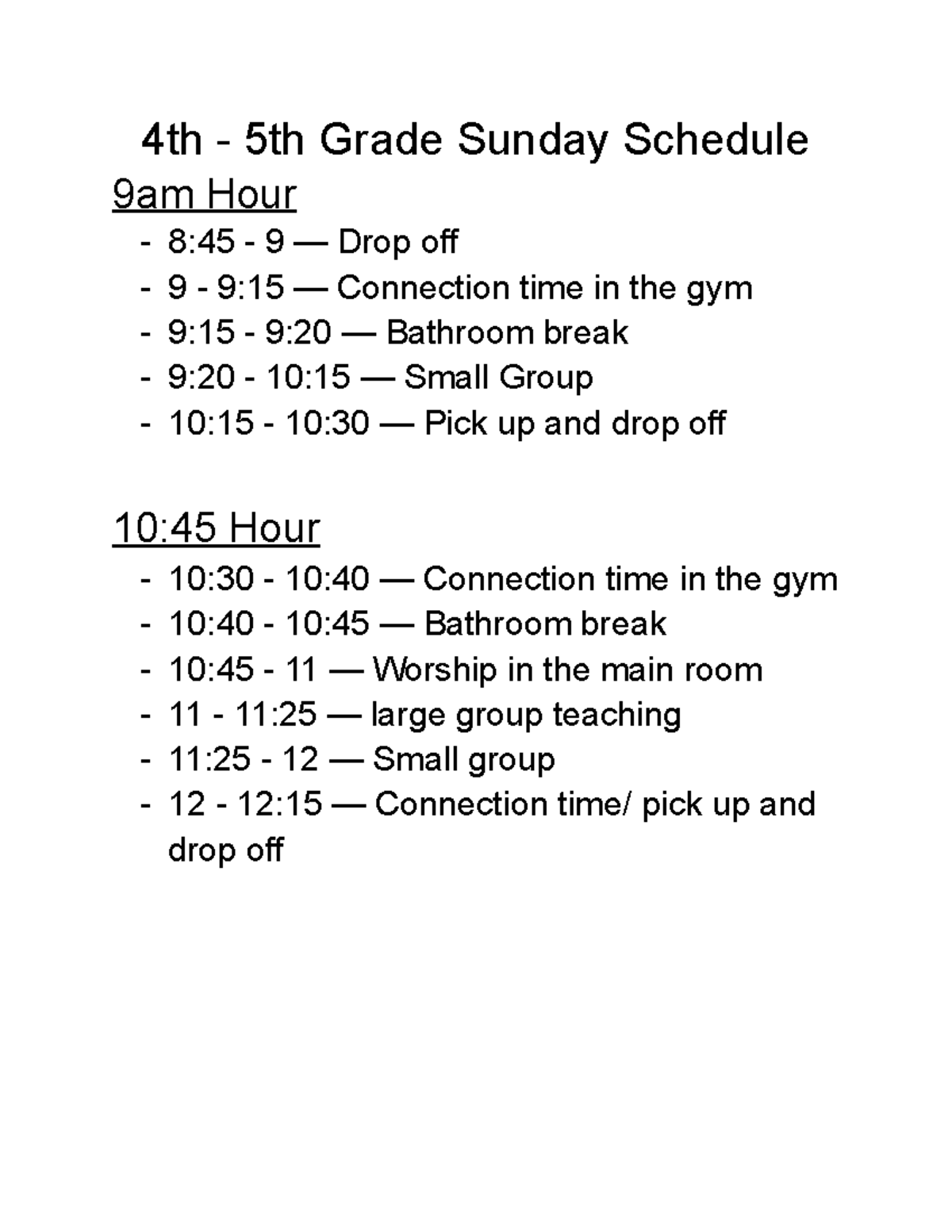 4-5th Grade Schedule Sunday and Wednesday - 4th - 5th Grade Sunday ...