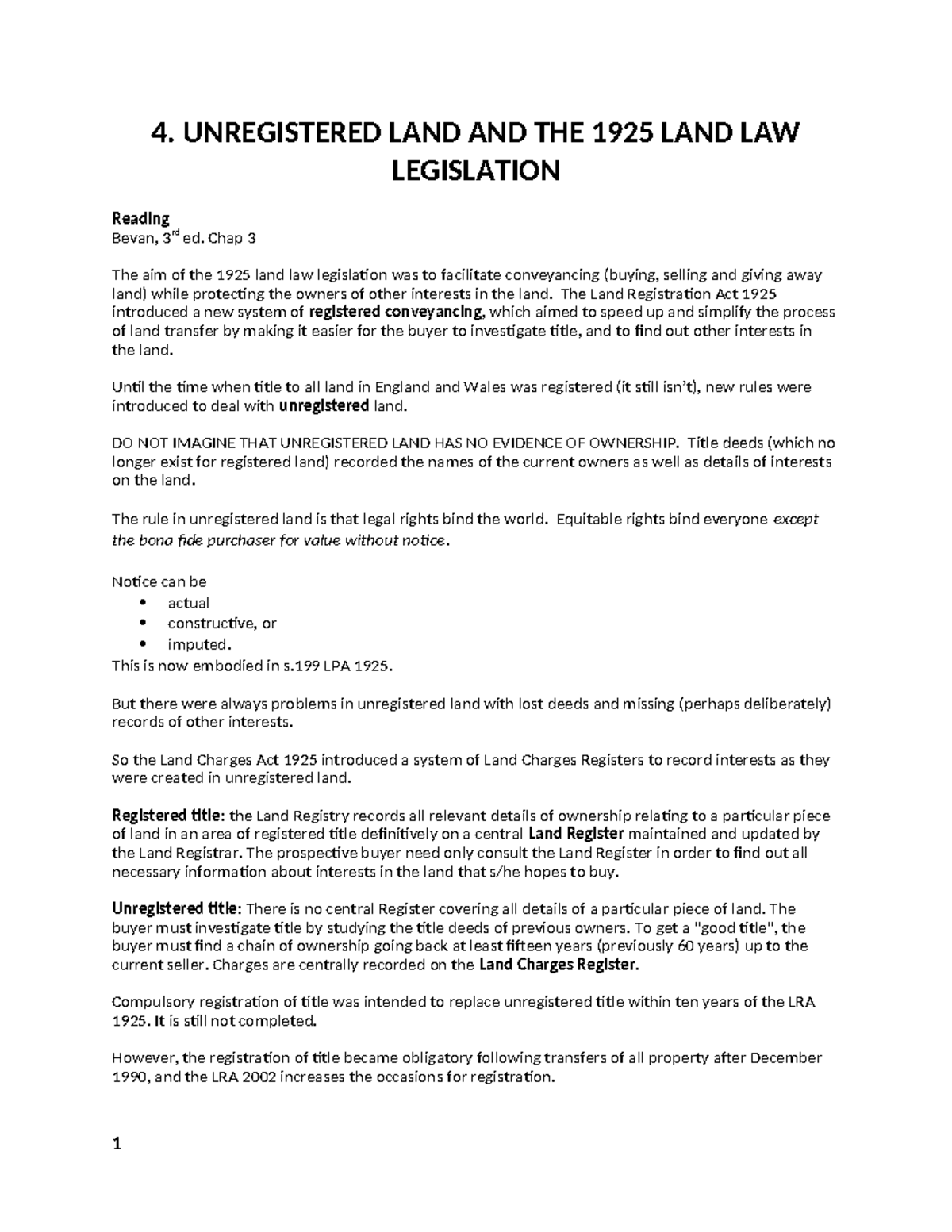 Land4Unreg(2) - slay - 4. UNREGISTERED LAND AND THE 1925 LAND LAW ...