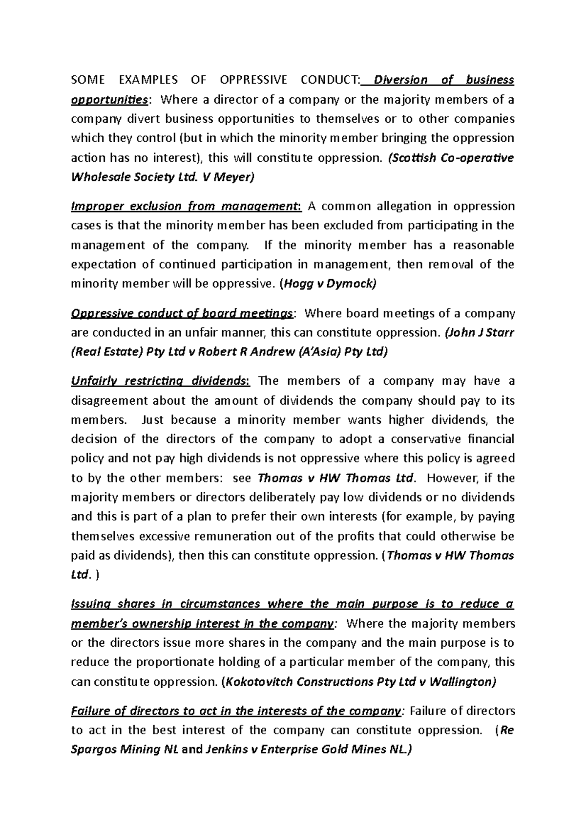 Examples of opressive conduct - SOME EXAMPLES OF OPPRESSIVE CONDUCT ...