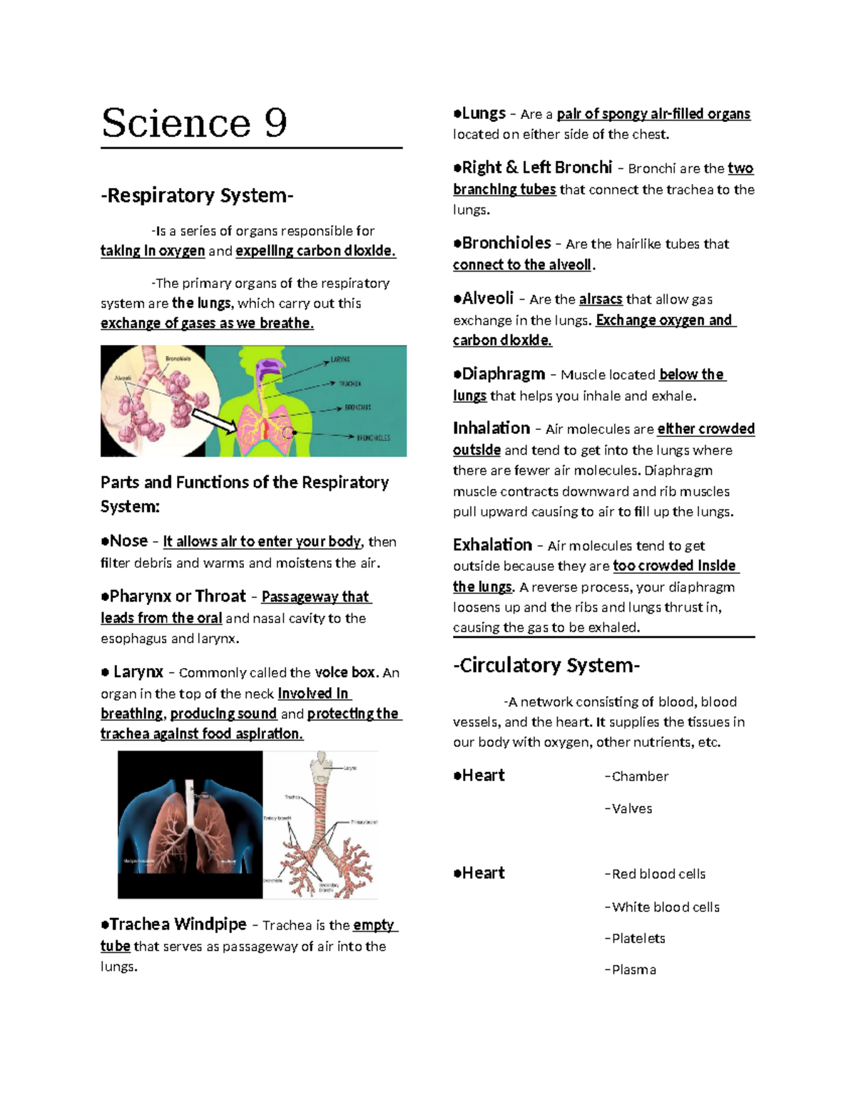 Science 9 Q1 - Science 9 -Respiratory System-Is a series of organs ...