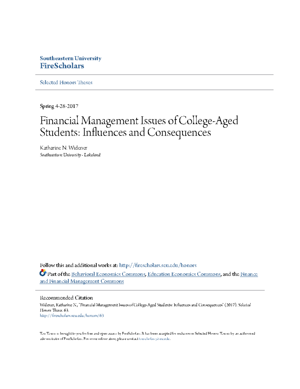 Financial Management Issues of College-Aged Students Influences ...