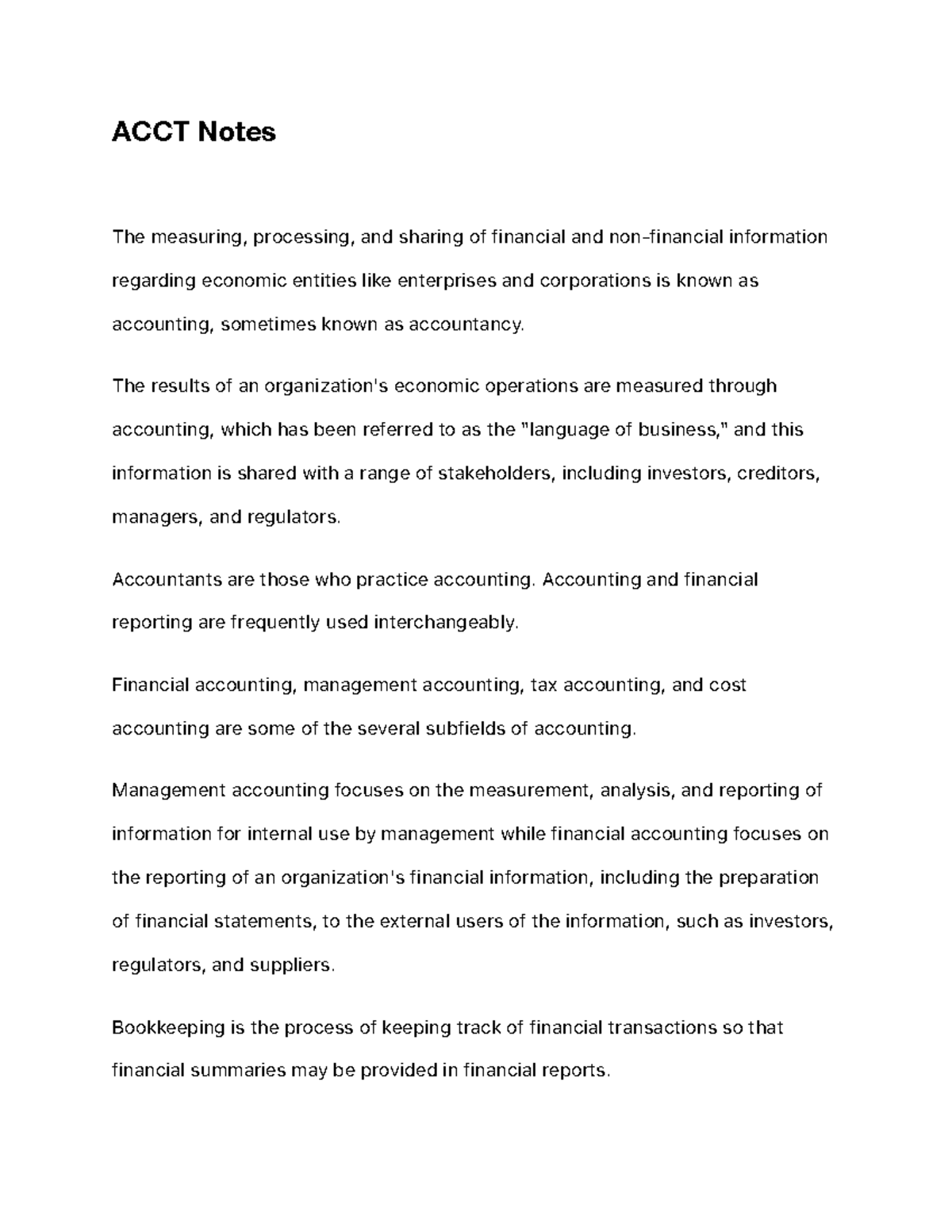 ACCT Notes - Study material for ACCT. - ACCT Notes The measuring ...