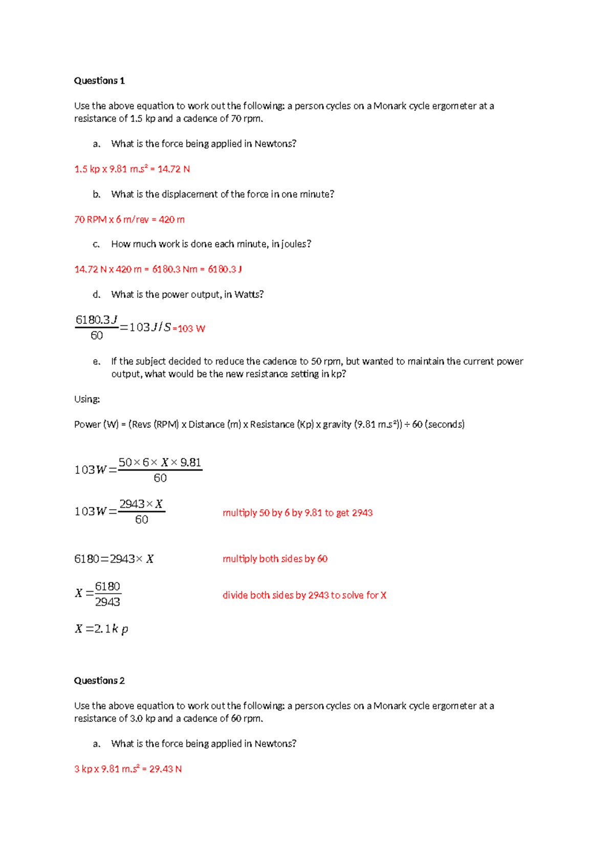 Calculating Power solutions - Questions 1 Use the above equation to ...