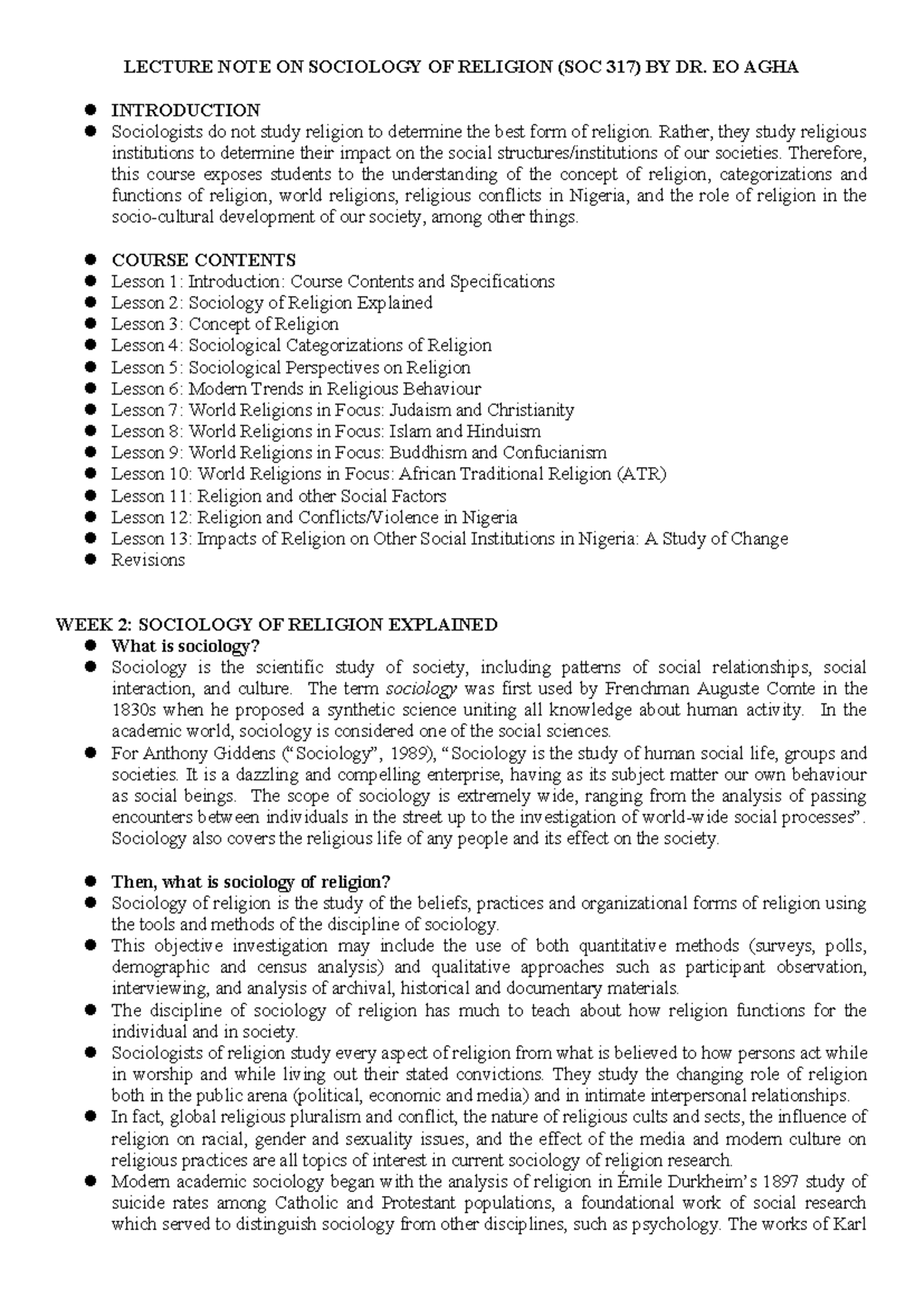 Religion soc 317 - LECTURE NOTE ON SOCIOLOGY OF RELIGION (SOC 317) BY ...