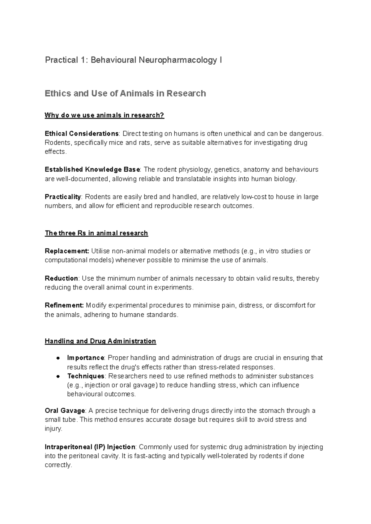 Drugs Used in the CNS - Practical 1 notes - Practical 1: Behavioural ...
