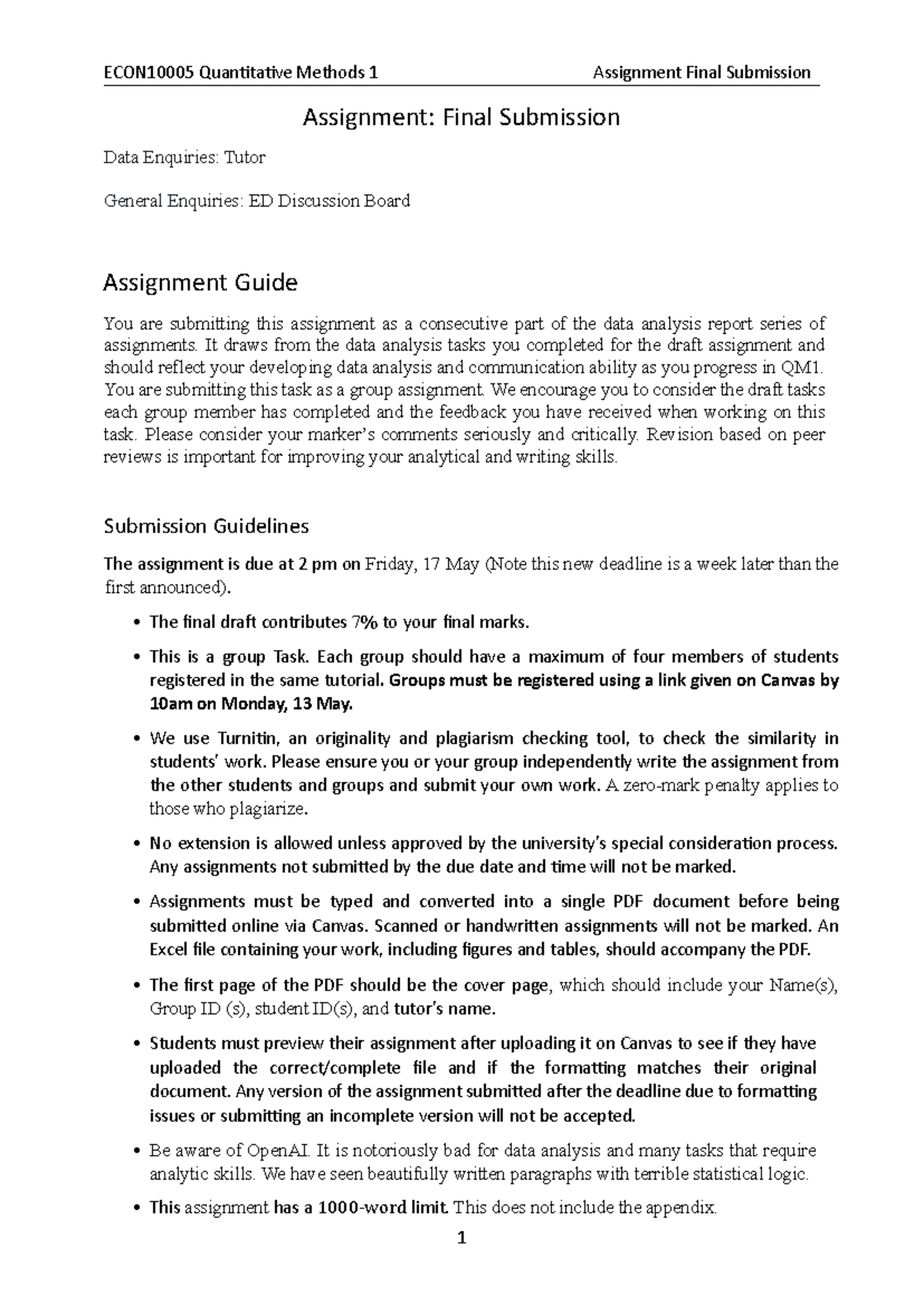 Assignment Final Report V2 - Assignment: Final Submission Data Enquiries: Tutor General ...