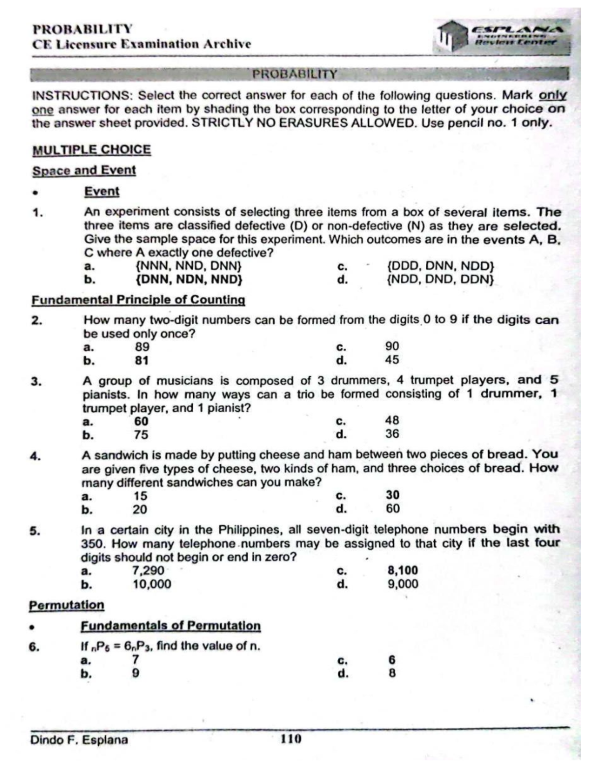 (9) Probability - Esplana - PROBABILITY ESPLANA CE Licensure ...