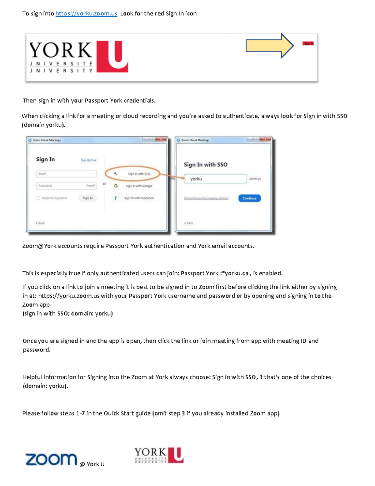 Zoom Sign In Help and Quick Start Guide 2 - To sign into yorku.zoom ...