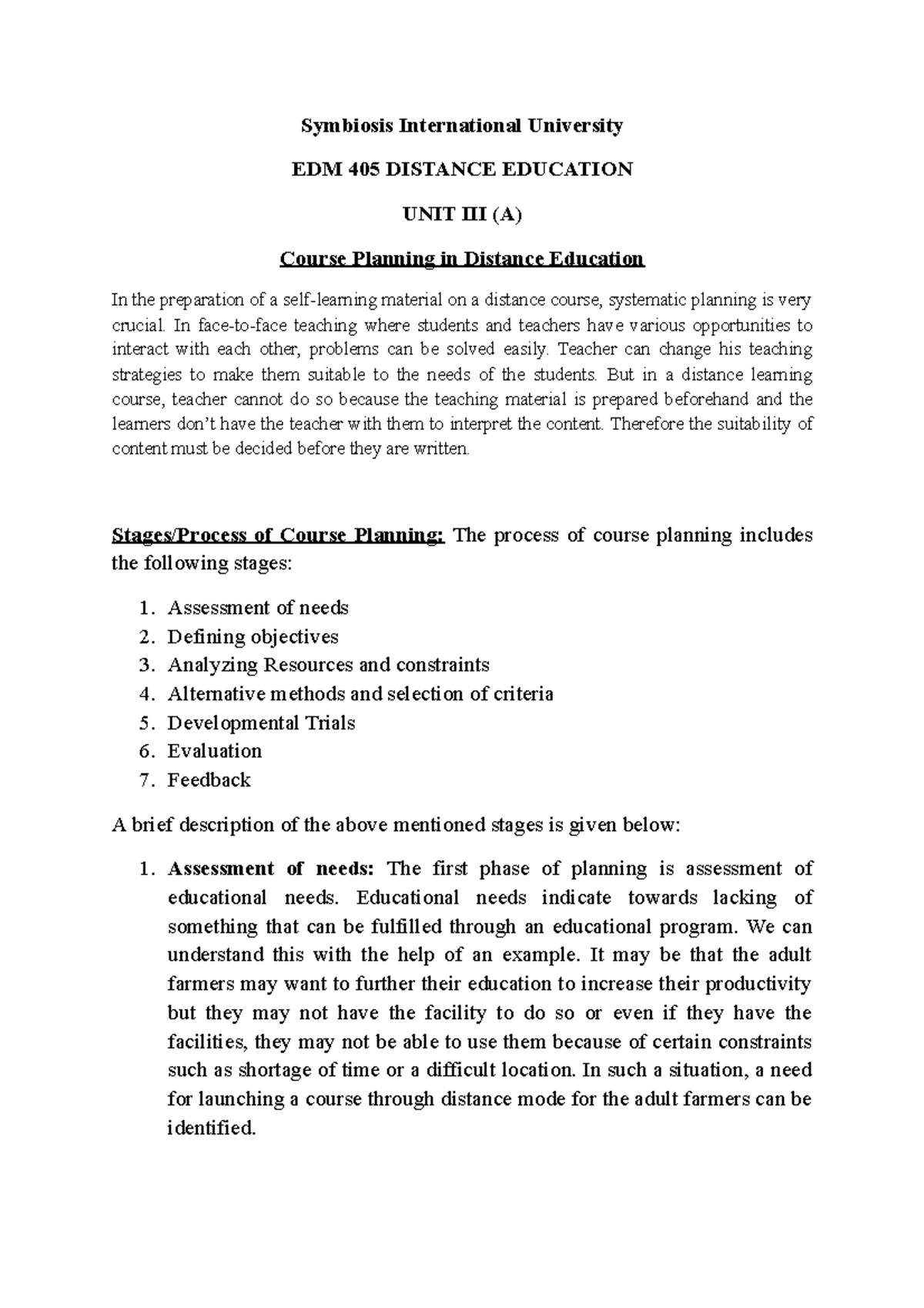EDM 405 UNIT III Course Planning in Distance Education - Symbiosis International University EDM ...