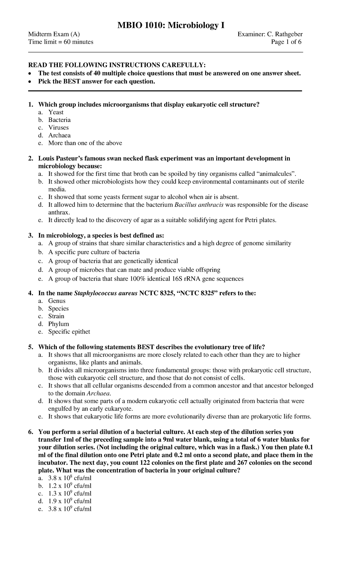 Midterm test 2016, questions - MBIO 1010: Microbiology I Midterm Exam ...