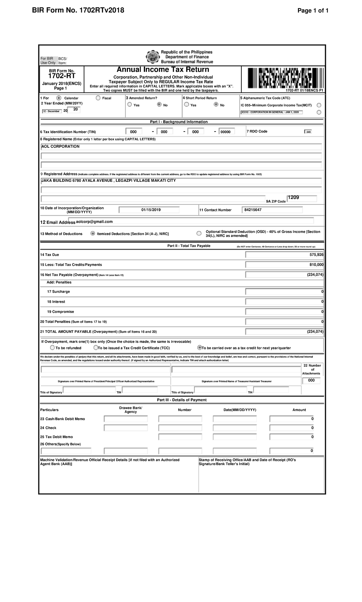 Introduction to Bir form sample problem - BIR Form No. 1702RTv2018 Page ...