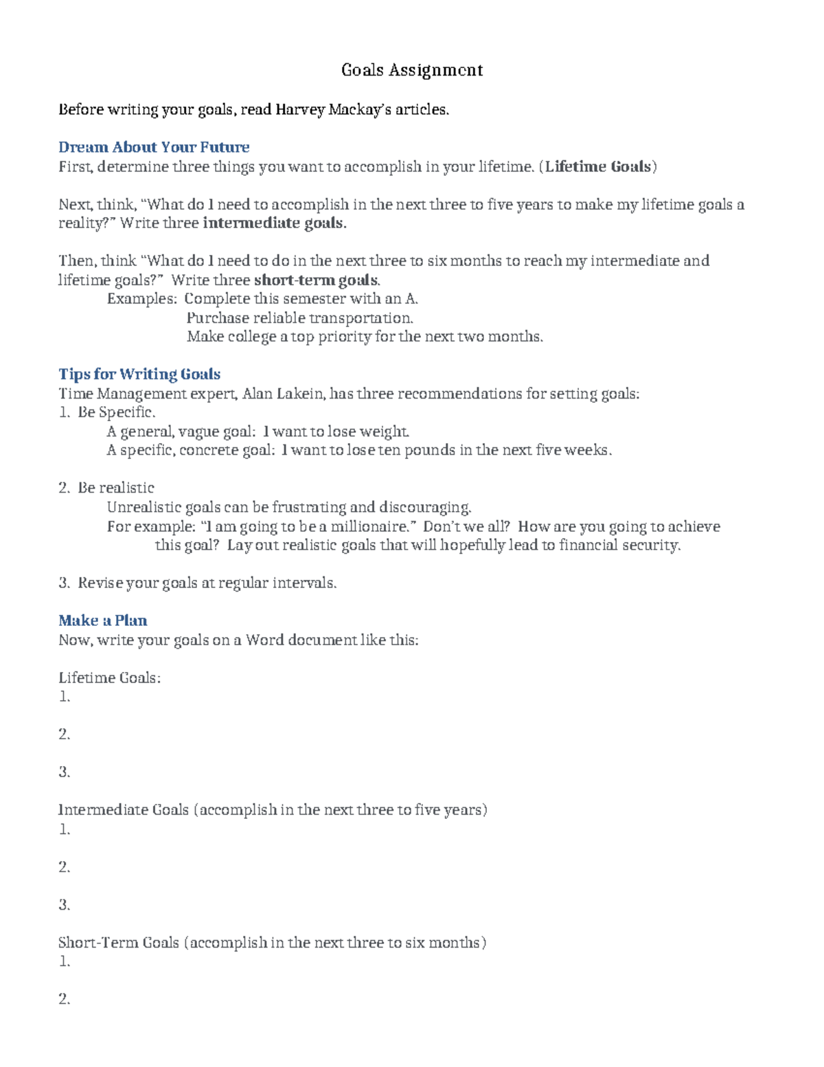 Critical Academic Reading - Goals Assignment - Goals Assignment Before ...