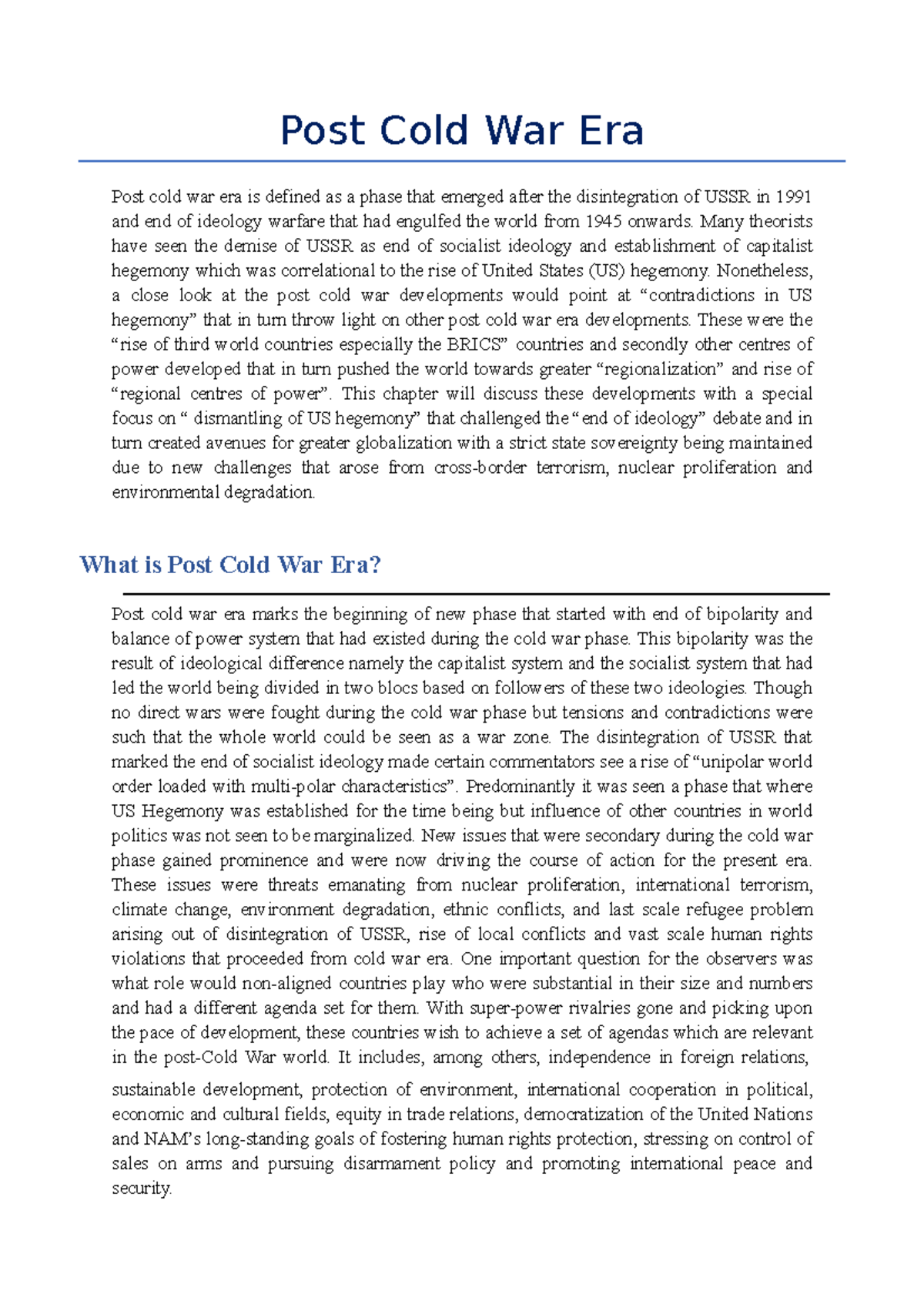 Post Cold War Era - Post cold war era marks the beginning of new phase ...