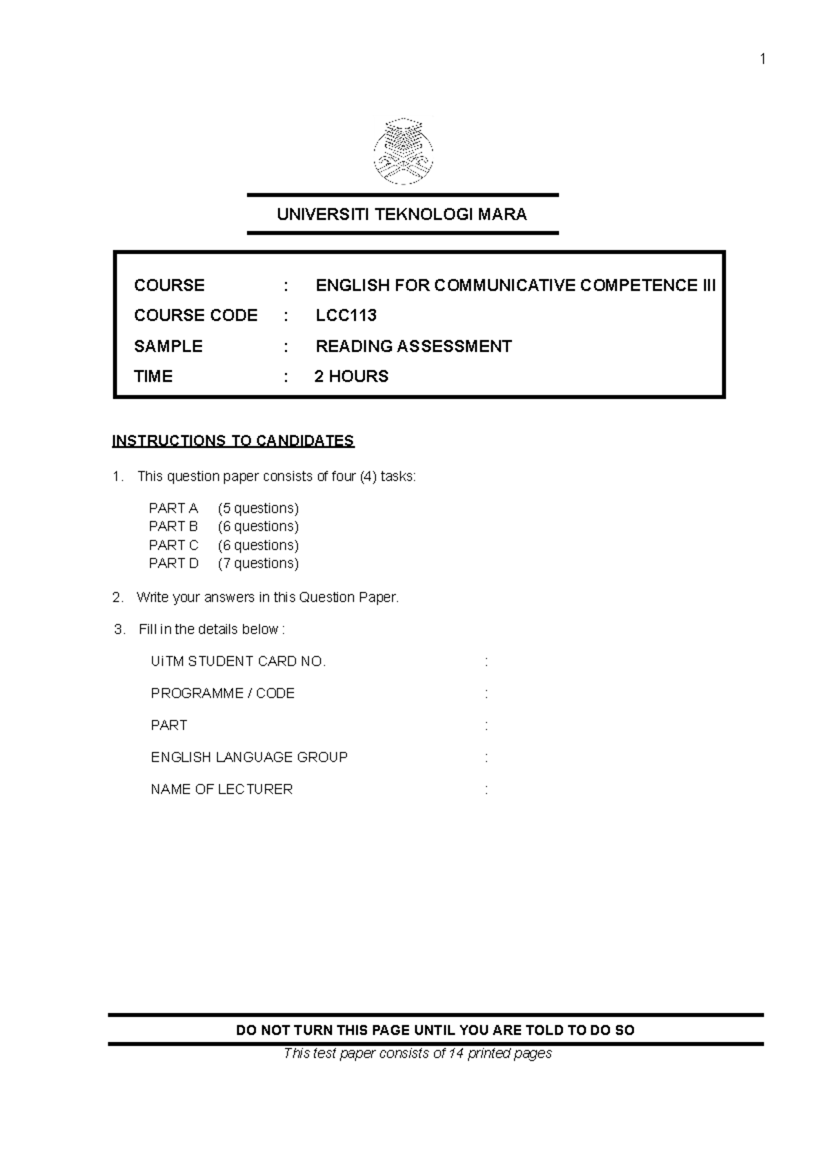 LCC113 Reading Assessment Sample Assessment - 1 UNIVERSITI TEKNOLOGI ...