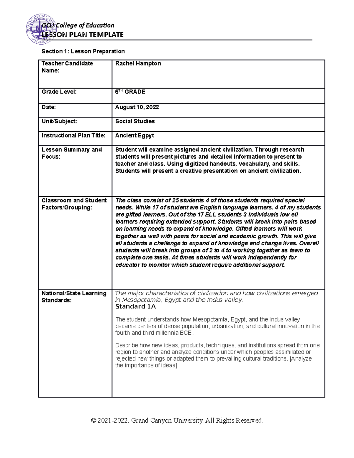 Lesson Plan Ancient Civilization - LESSON PLAN TEMPLATE Section 1 ...