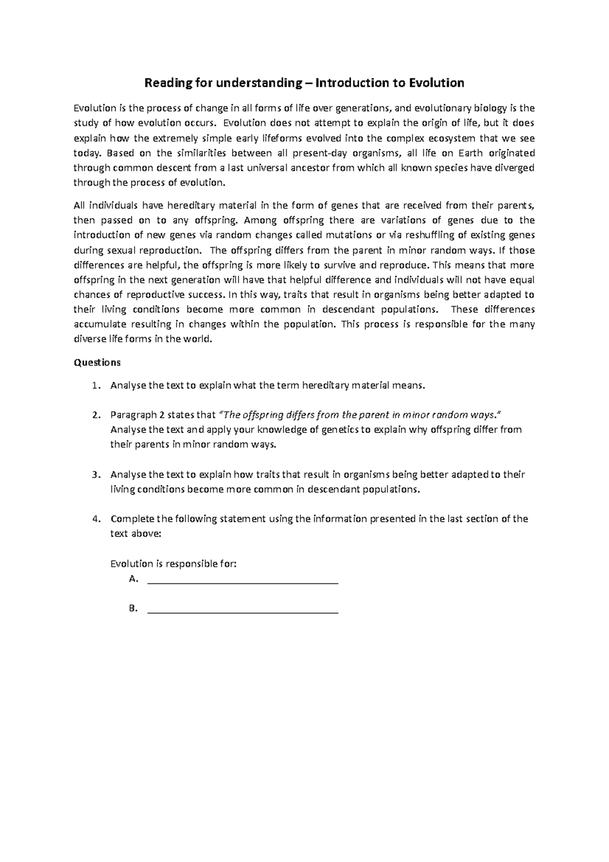 2 Reading for understanding introduction to evolution - Reading for ...