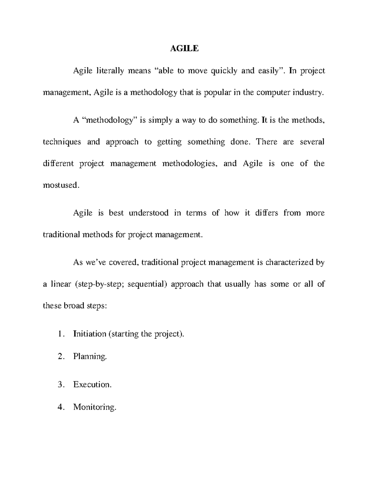 Agile - Lecture notes 4 - AGILE Agile literally means “able to move ...