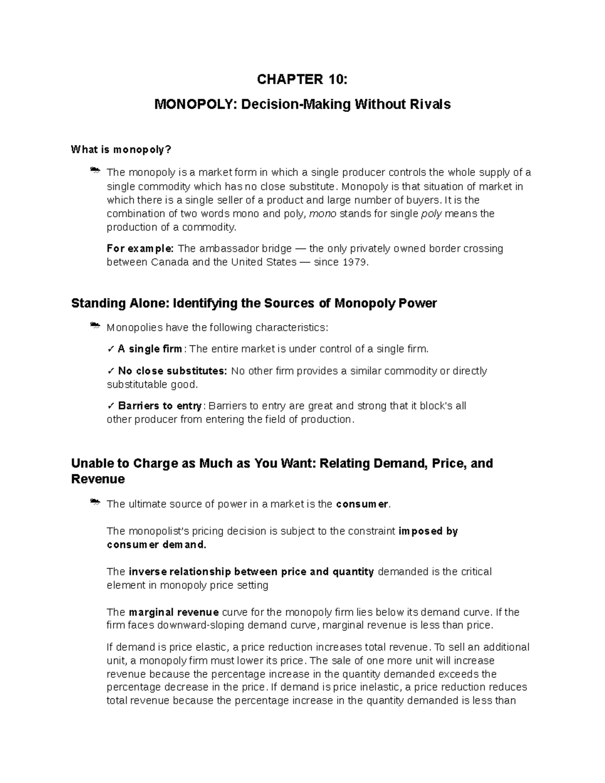 Chapter 10 ECON Summary - CHAPTER 10: MONOPOLY: Decision-Making Without ...