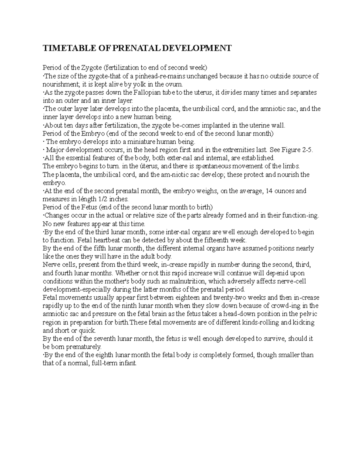 Timetable OF Prenatal Development - TIMETABLE OF PRENATAL DEVELOPMENT ...