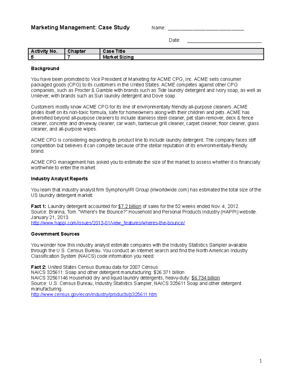 Case 5 Market Sizing - Marketing Management: Case Study Name ...