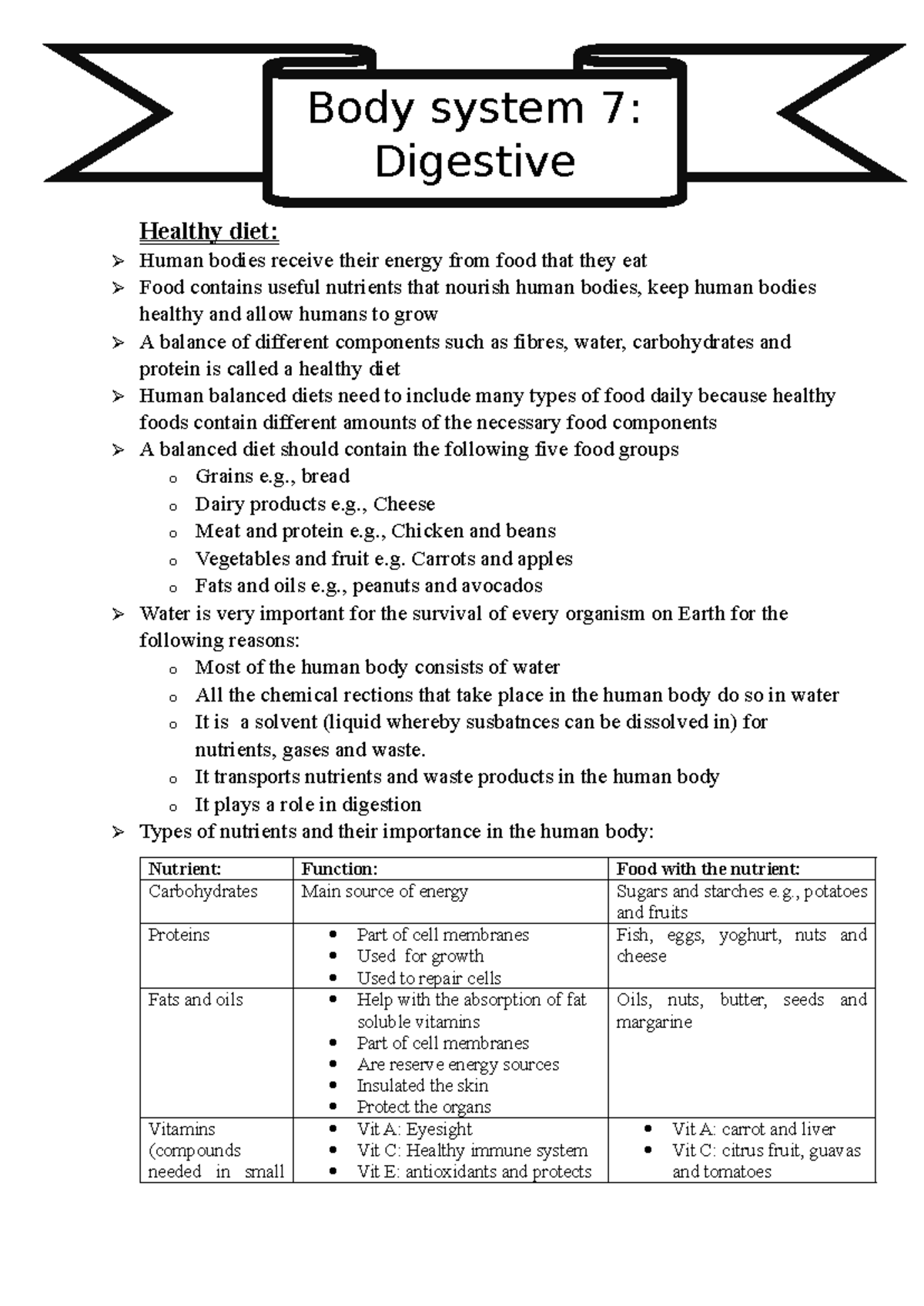 Grade 9 NS Digestive system notes - Healthy diet: Human bodies receive ...