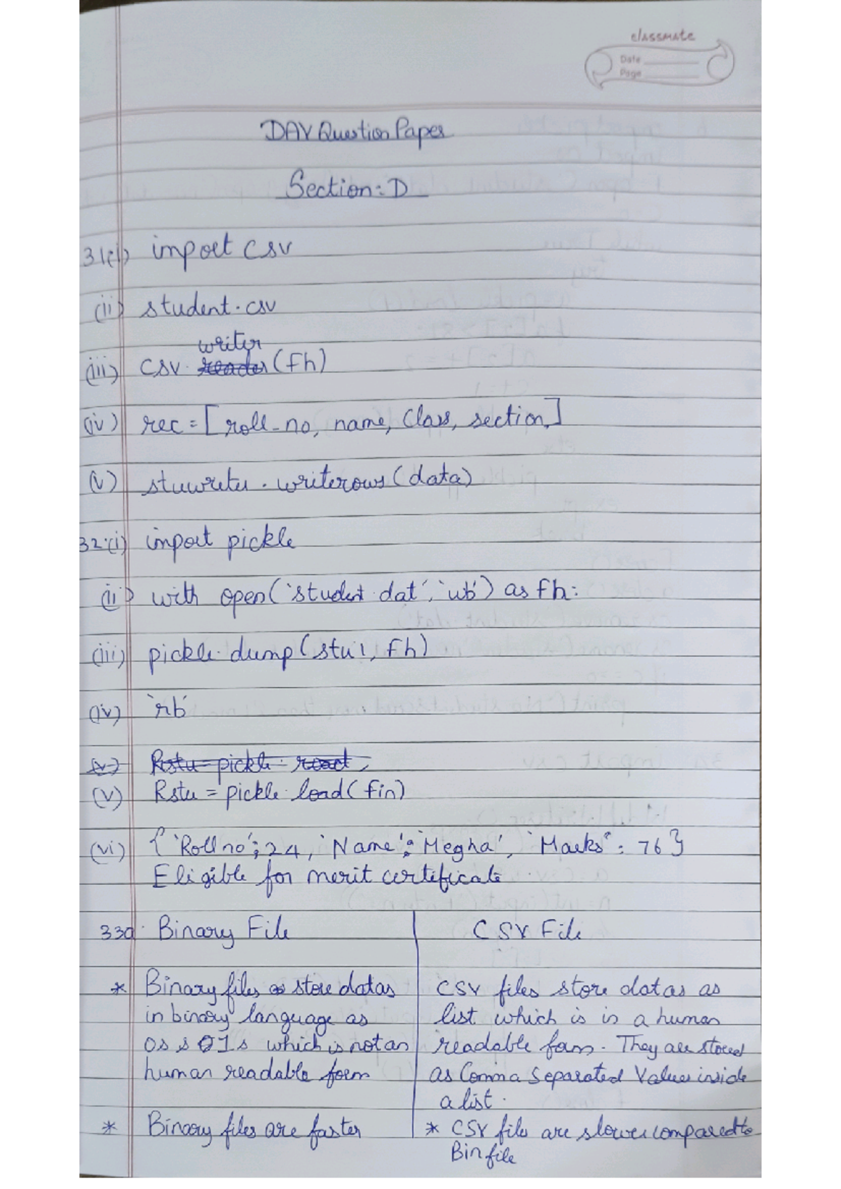 CSC tuition test - Nothing - classmate Date Page DAY Question Paper ...