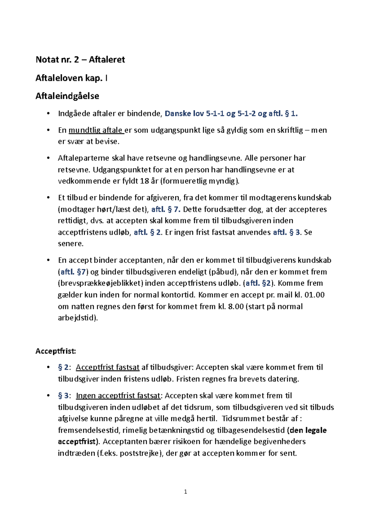 Erhvervs- og finansjura - Aftaleret notater - Notat nr. 2 – Aftaleret Aftaleloven kap. I - Studocu