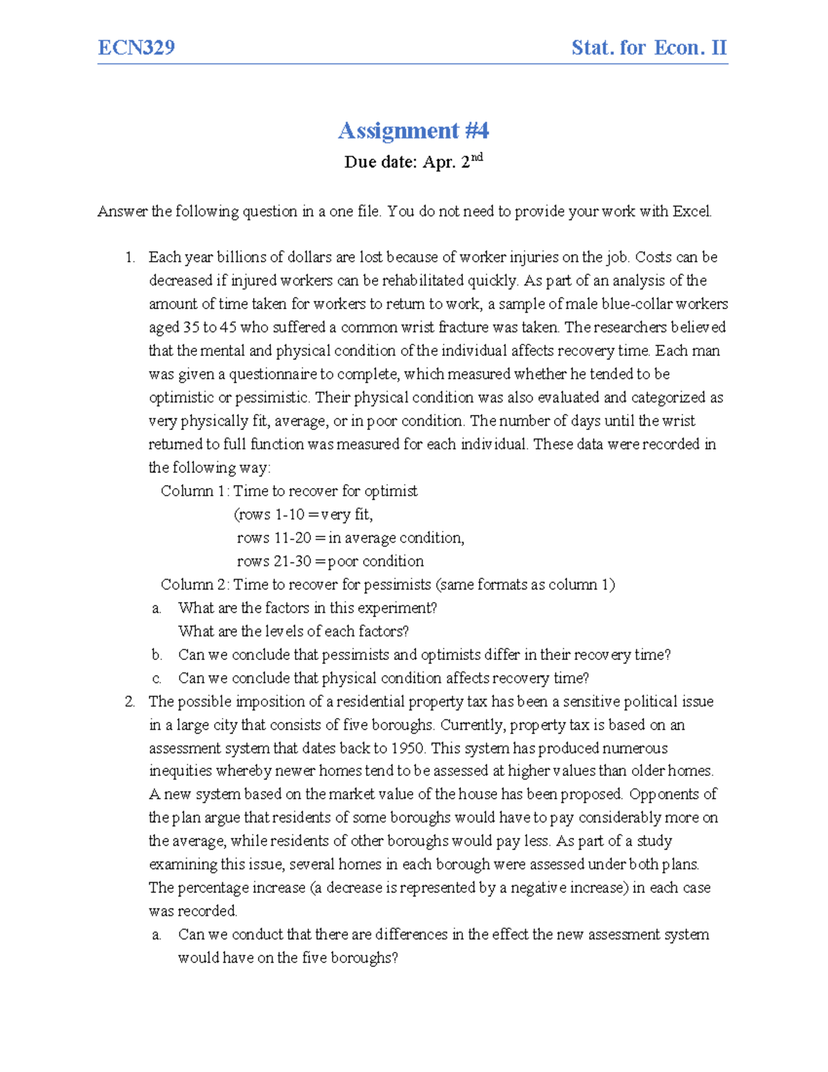 ECN329 Assignment[ 04] - ECN329 Stat. for Econ. II Assignment Due date ...