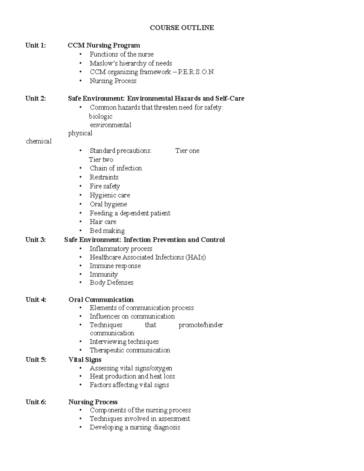 NUR121 Course Outline - COURSE OUTLINE Unit 1: CCM Nursing Program ...