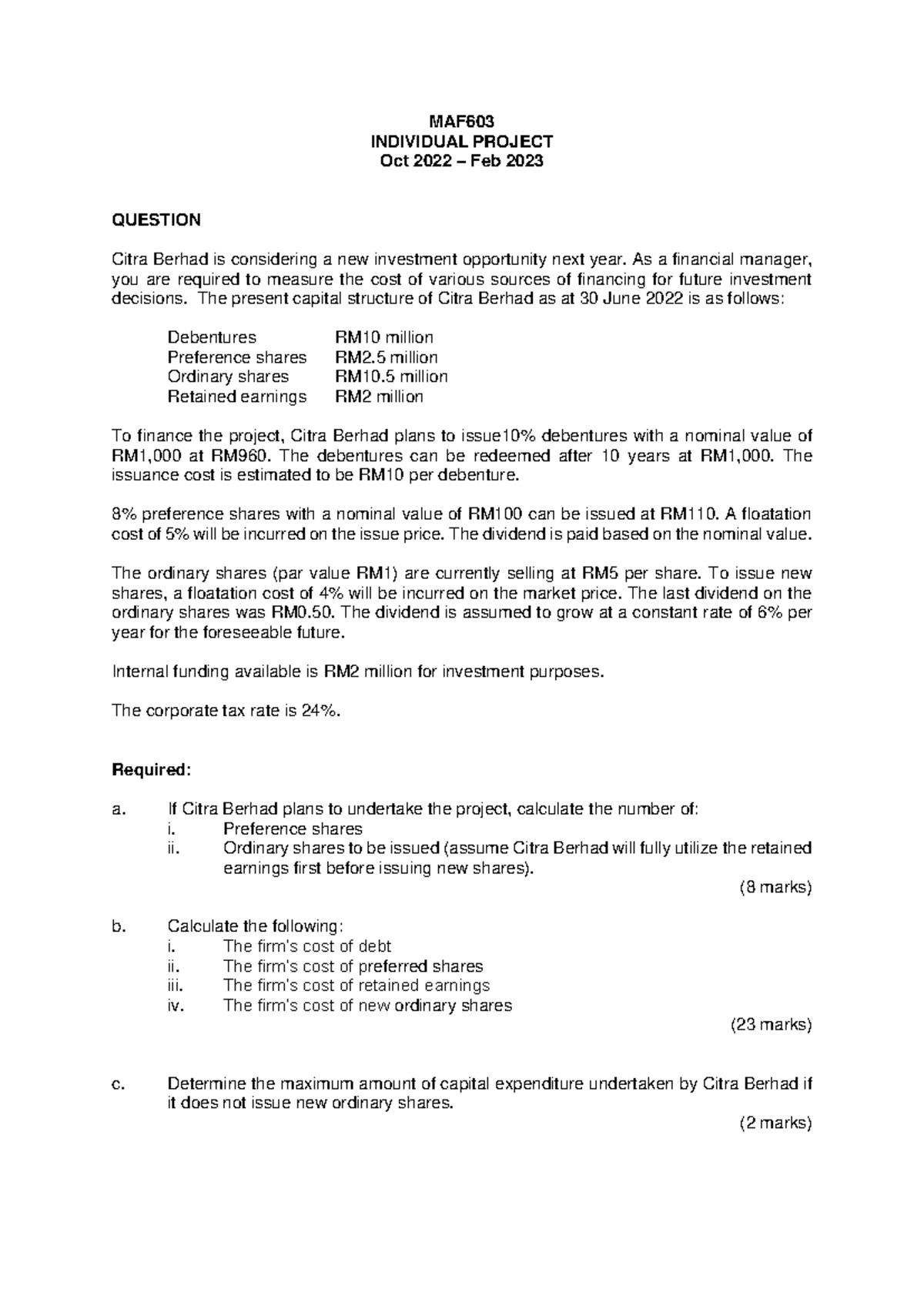 Individual Project MAF603 - FEB 2023 - MAF INDIVIDUAL PROJECT Oct 202 2 ...