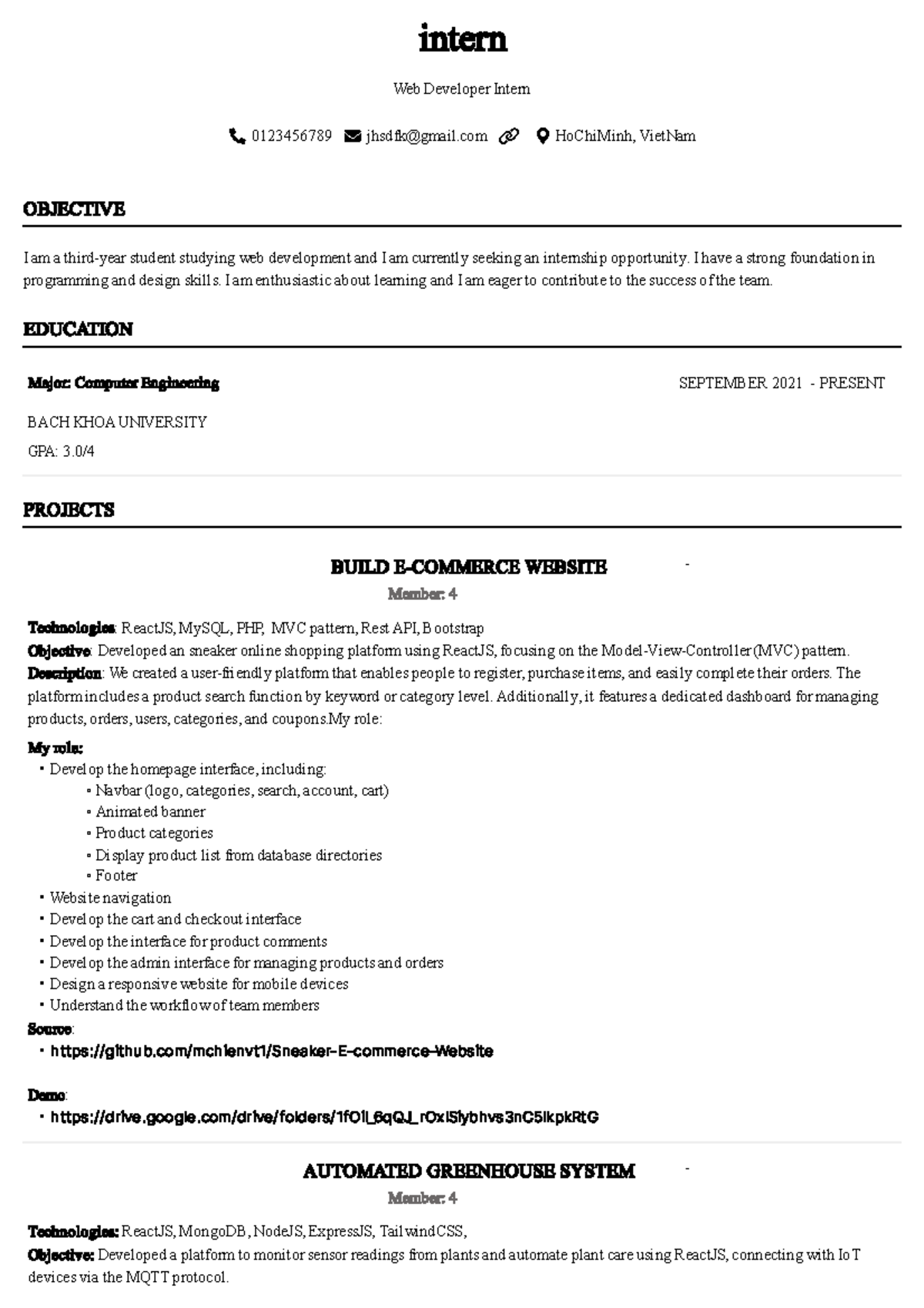 CV intern - hoso888-Top CV - intern Web Developer Intern 0123456789 ...