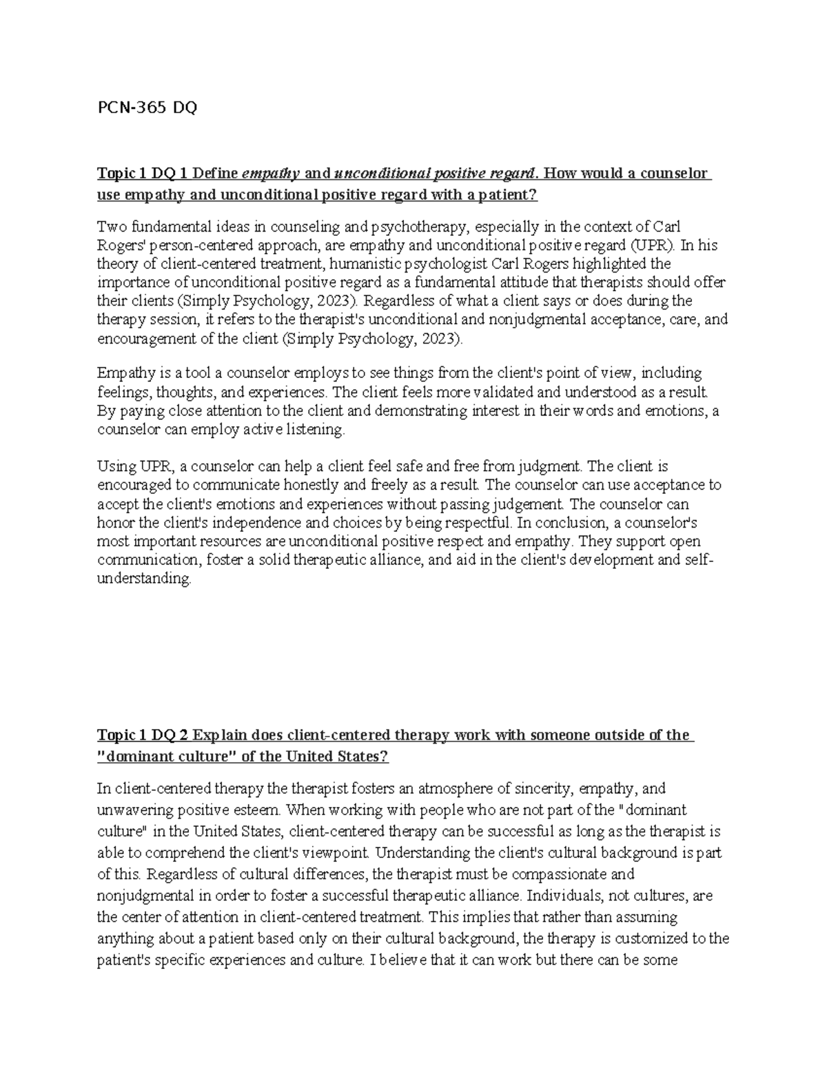 PCN 365 DQ - DQ topics 1-8 - PCN-365 DQ Topic 1 DQ 1 Define empathy and ...