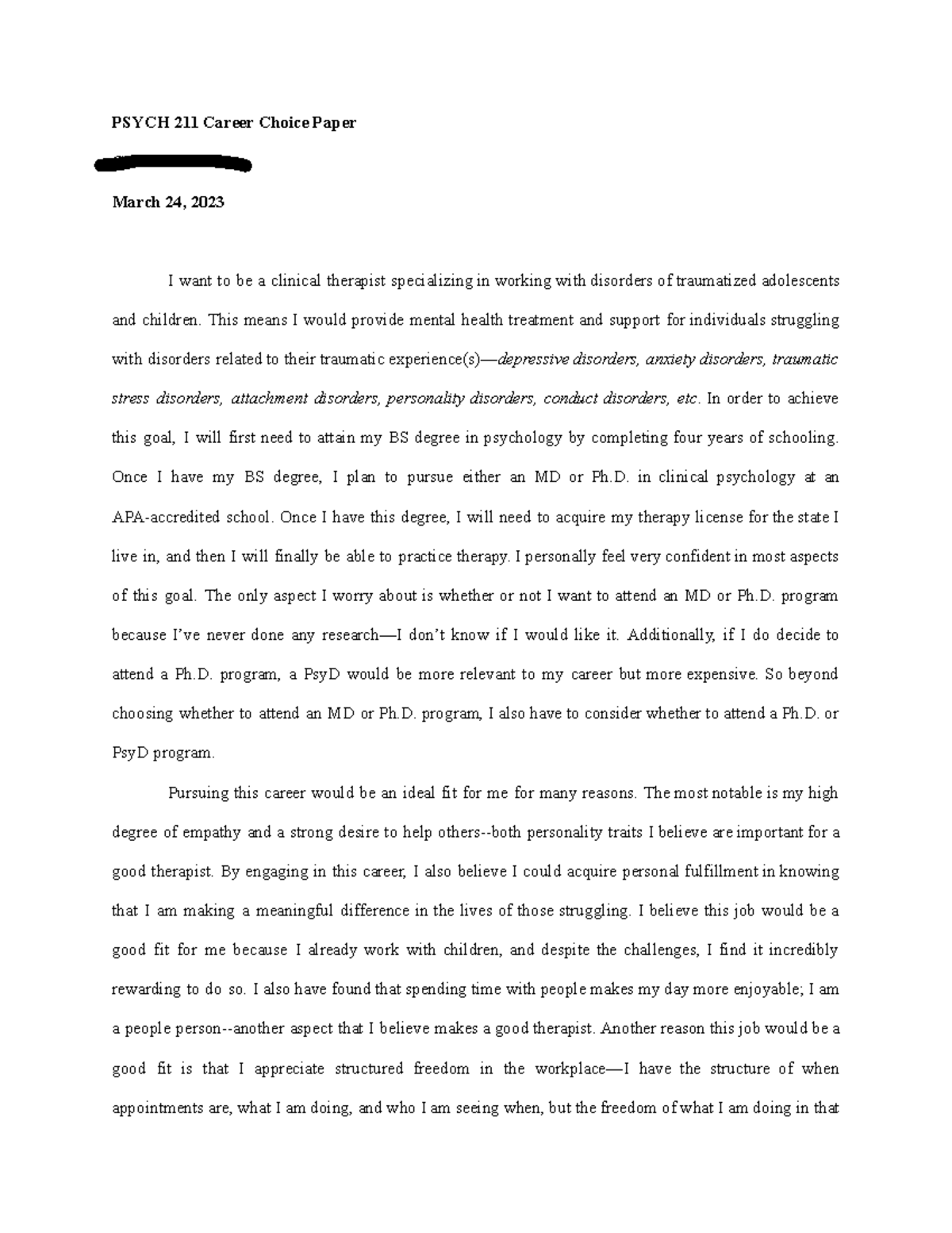 [EXAMPLE] Career Choice Midterm Paper - PSYCH 211 Career Choice Paper ...