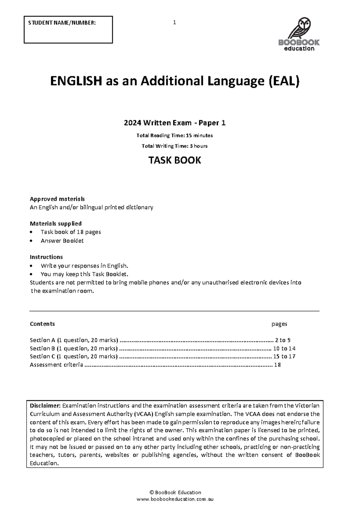 BBE EAL 2024 Practice Paper 1 updated - © BooBook Education ENGLISH as ...