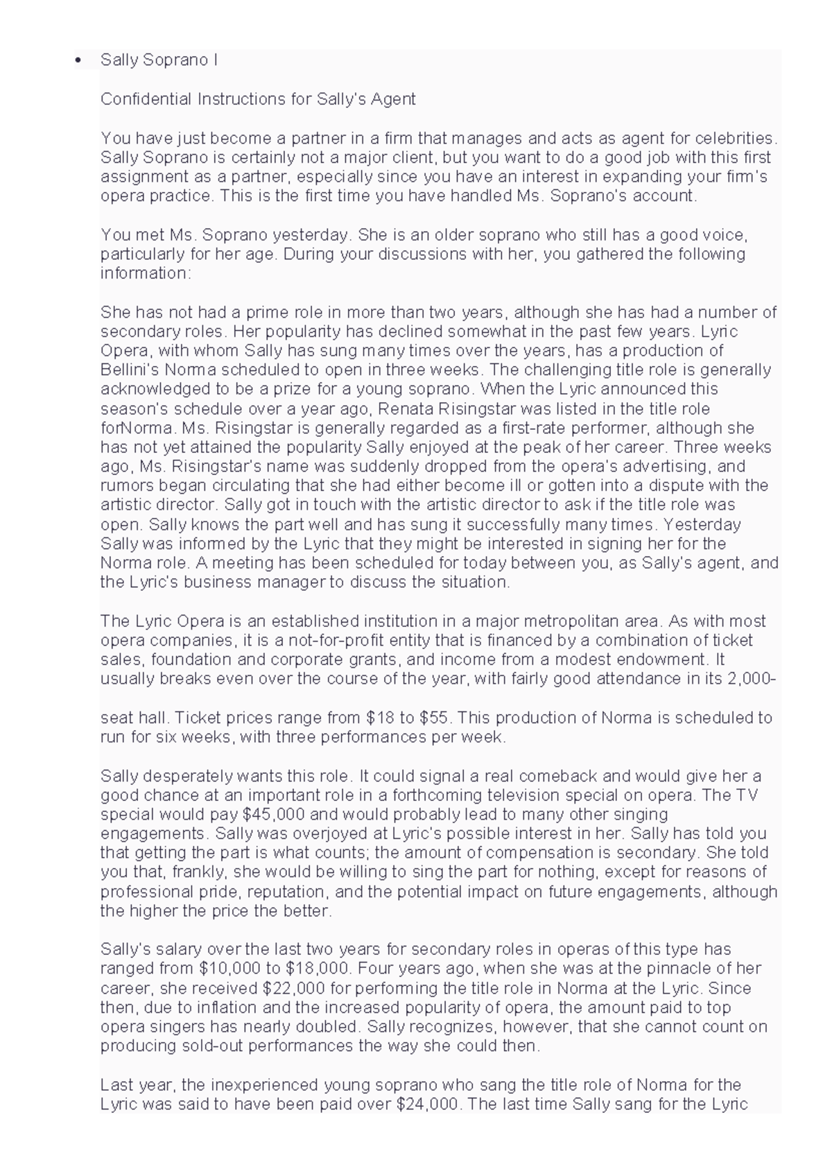 Sally Soprano I - Sally Soprano I Confidential Instructions for Sally’s ...