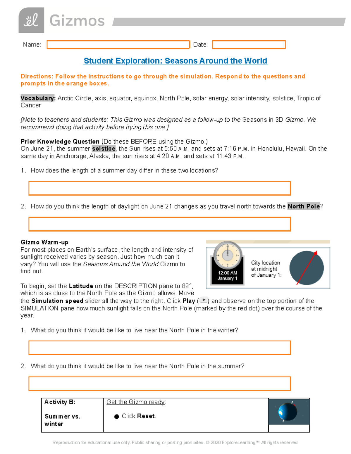 Copy of Seasons Around World - Name: Date: Student Exploration: Seasons ...