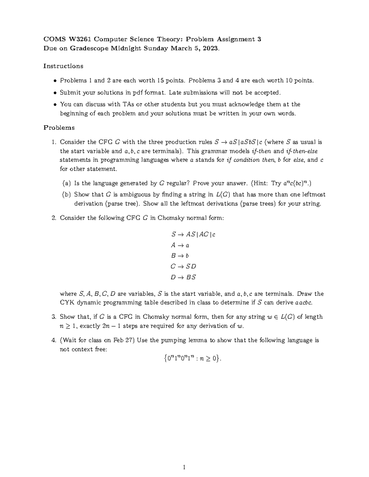 Homework 3 Xi Chen Coms W3261 Computer Science Theory Problem Assignment 3 Due On