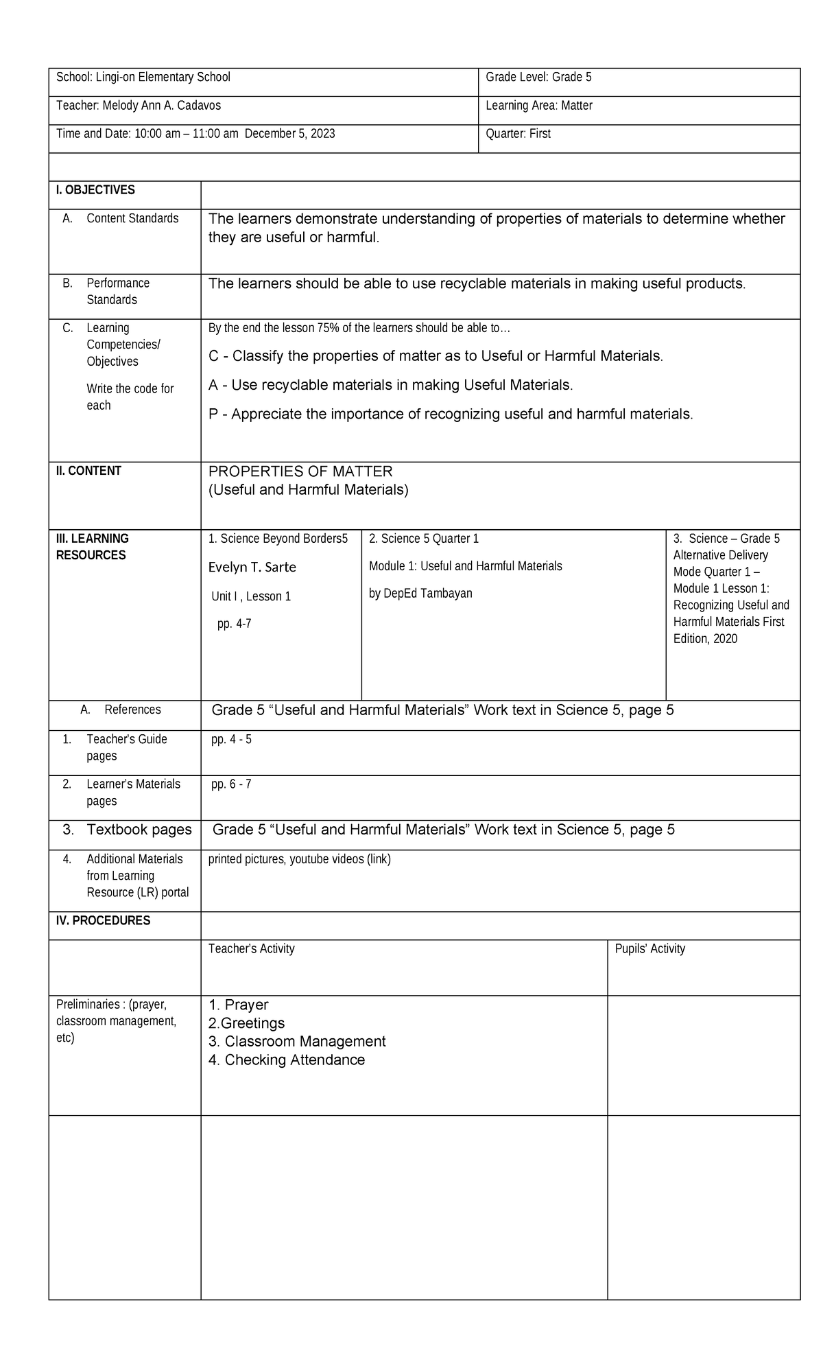 Lesson Plan Template - School: Lingi-on Elementary School Grade Level ...