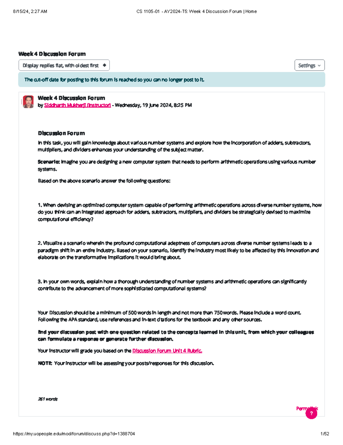 CS 1105-01 - AY2024-T5 Week 4 Discussion Forum Home - Week 4 Discussion Forum Display replies at ...