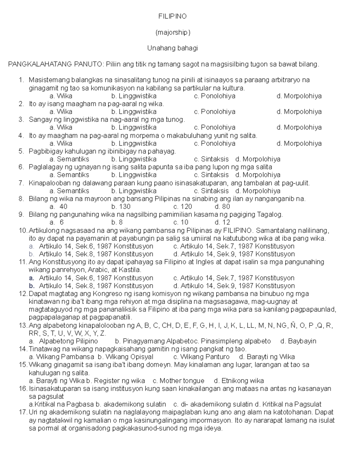 Pagtataya sa Filipino - FILIPINO (majorship) Unahang bahagi ...